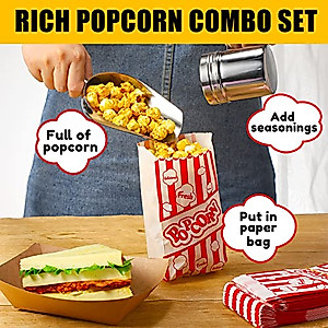 Potchen 402 Pcs Popcorn Machine Supplies Set Including Stainless Steel Popcorn Scoop, 400 Pcs 1oz Popcorn Bags Bundle and Popcorn Shaker Dredge with Handle for Commercial and Home Use