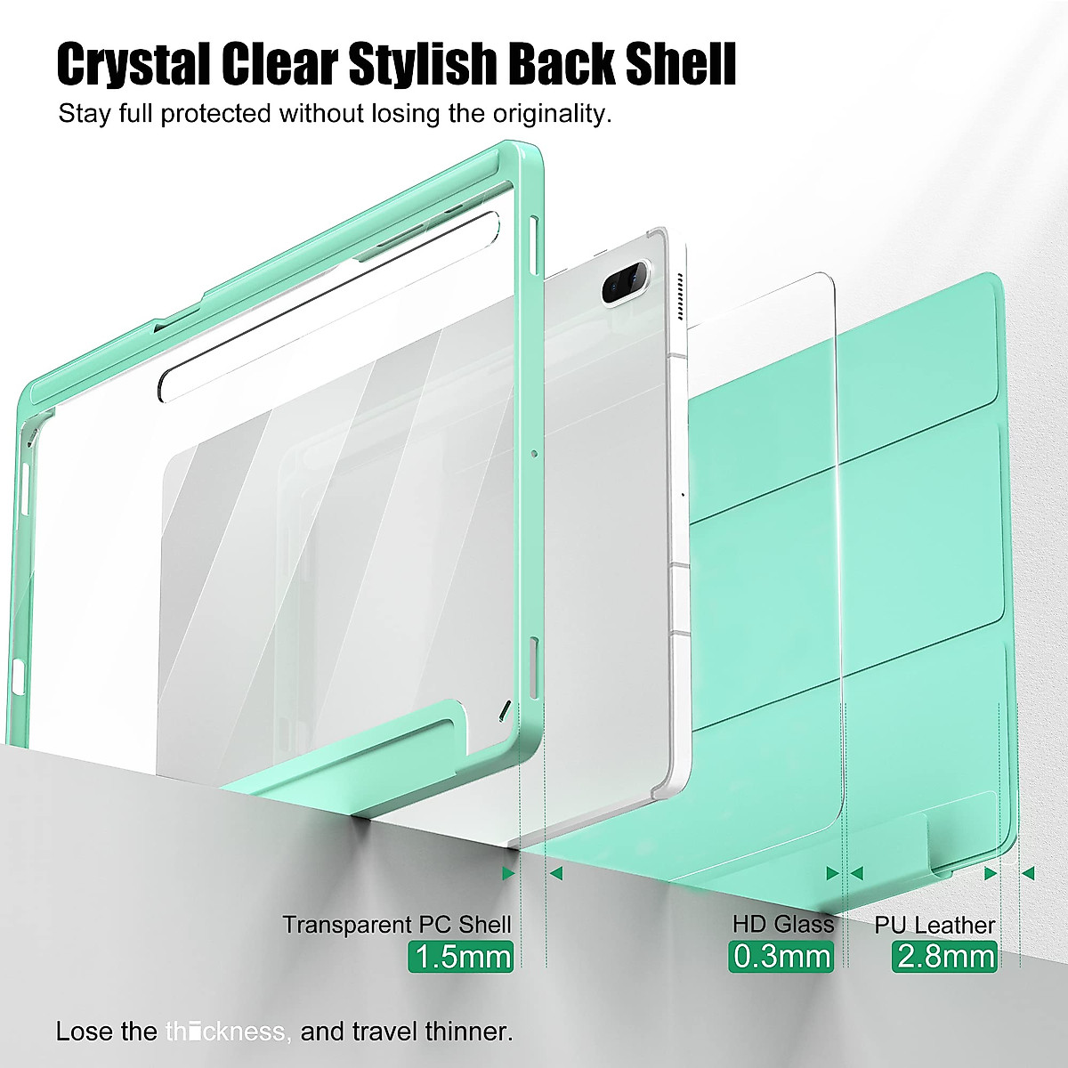 QitayoLife Hybrid Slim Case for Galaxy Tab S7 FE with Screen Protector, Clear Transparent Shockproof Back Cover with S Pen Holder Auto Wake/Sleep for Samsung Galaxy Tab S7 FE 12.4 Inch (Tea Green)