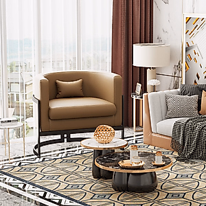 Alunaune Upholstered Modern Living Room Chair Accent Chairs, Brown Faux Leather Armchair Mid Century Lounge Barrel Chair Anti Scratch Sofa Tub Bucket Club Chair for Bedroom