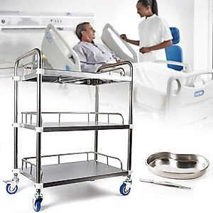 Utility Cart On Wheels, 3 Tiers Silver Trolley Stainless Steel Durable Lab Mobile Serving Cart With 4-Wheel, Lockable Commercial Wheel Dental Lab Cart Utility Services Tool For Laboratories, Hospitals