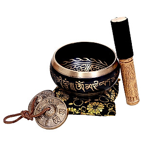 Large 5 Inch Tibetan Peace Mind Sound Singing Bowl Tingsha Cymbals Set - With Mallet and Cushion, Additional Gifts Inside - for Yoga, Meditation WITH BRASS MAZIRA FREE