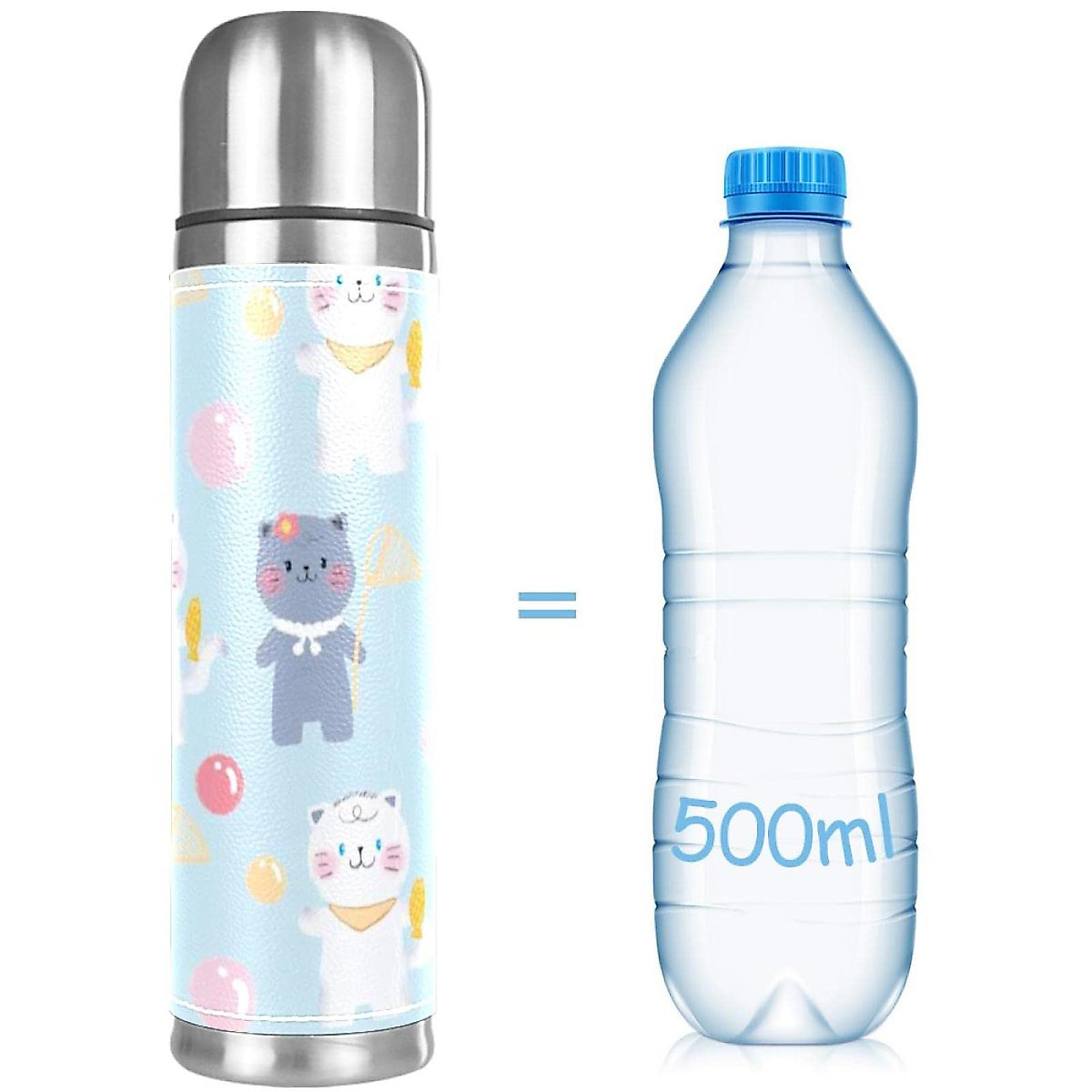 Stainless Steel Leather Vacuum Insulated Mug Cat Thermos Water Bottle for Hot and Cold Drinks Kids Adults 16 Oz