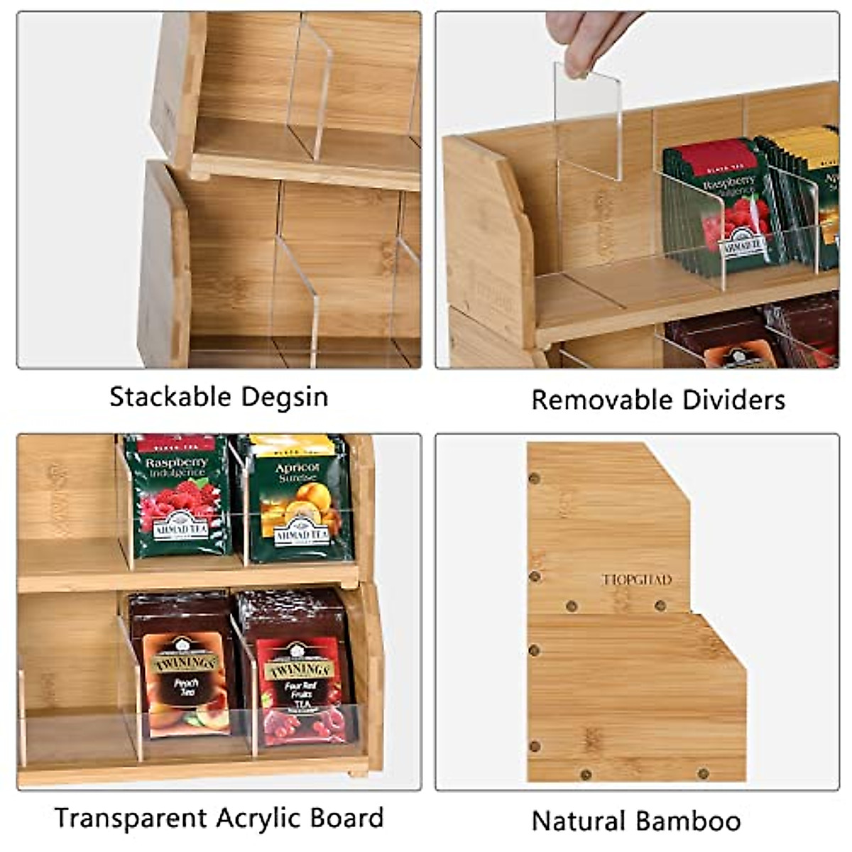 2 Tier Bamboo Tea Bag Organizer, Tea Holder for Tea Bags Organizer Wood Tea Bags Storage Box with Divider Stackable Vertical Teabag Rack Containers for Kitchen Cabinet Countertop(Patented Design)