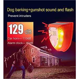 LAFEINA Solar Motion Sensor Light & Sound Alarm, 129dB Gunshot & Dog Barking Sound & Strobe Light Security Alarm Siren for Garden Farm Villa