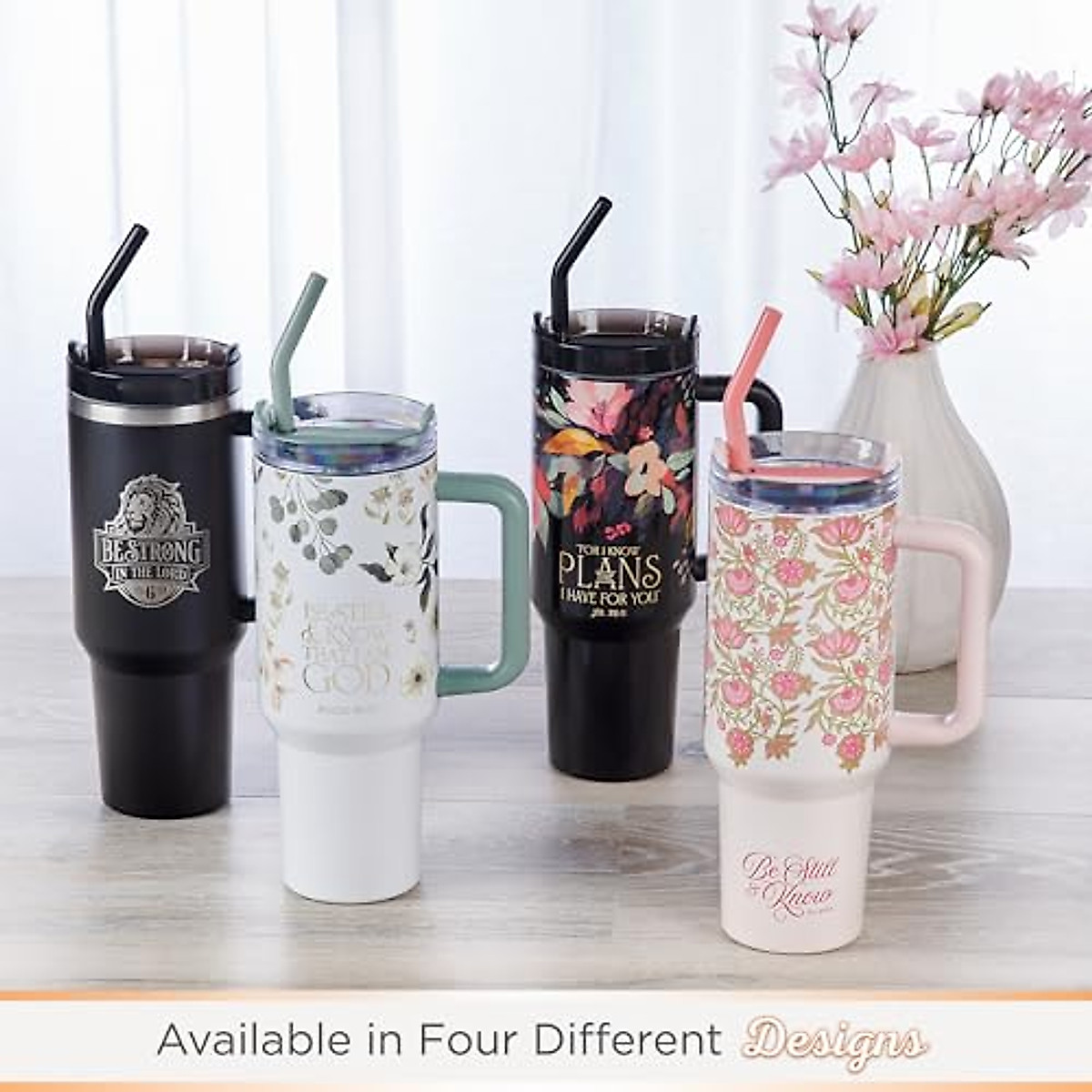 Christian Art Gifts Extra Large Stainless Steel Double Wall Vacuum Insulated Travel Tumbler for Women: Be Still Inspirational Scripture, Lid, Reusable Straw, Wide Handle, White & Pink Floral, 40 oz.