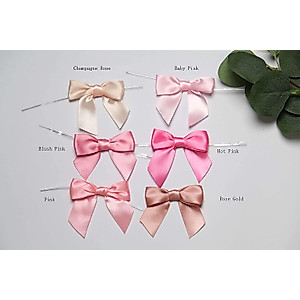 RainbowPana 50 Pack 4.5" Twist Tie Bows, Luxury Baby Pink Satin Ribbon Pretied Bows, Premade Craft Decoration for Package