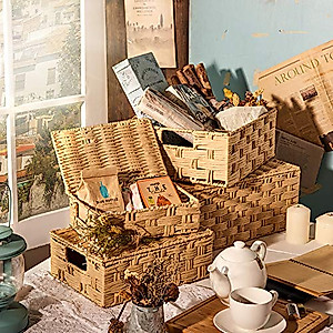 EZOWare Set of 4 Woven Stackable Storage Baskets with Lid, Decorative Paper Rope Organizer Nesting Bin with Handles - 4 Sizes, Beige