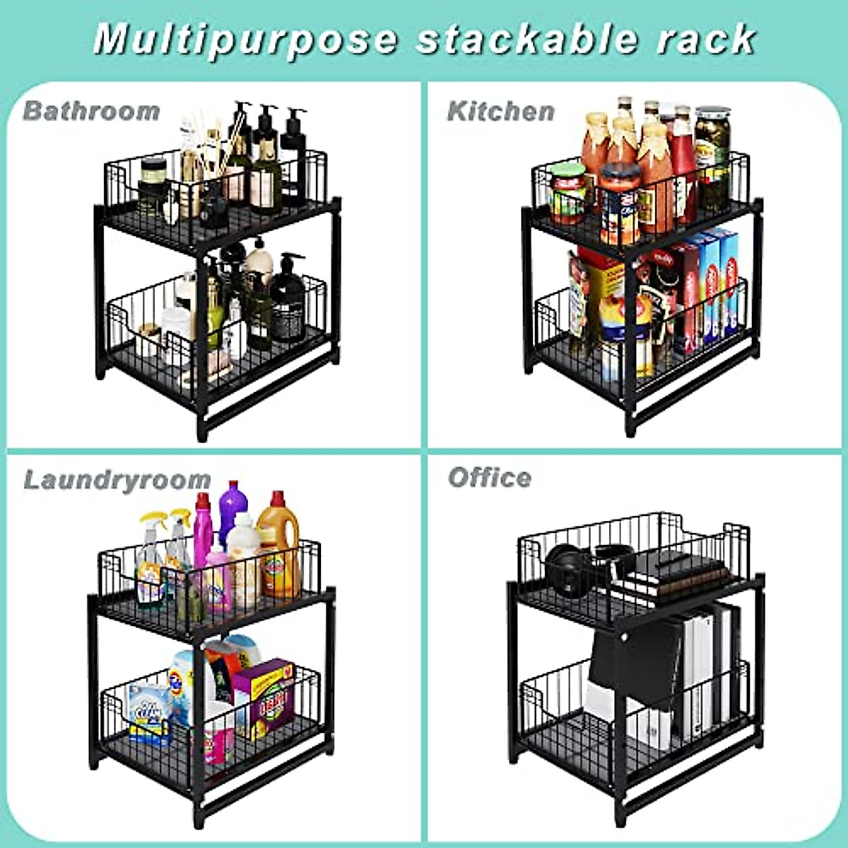 GCWPINFO Under Sink Organizers and Storage,2-Tier Pull-Out Cabinet Organizer with Sliding Drawers,Stackable Under Sink Organizer for Kinchen&Bathroom(Black)