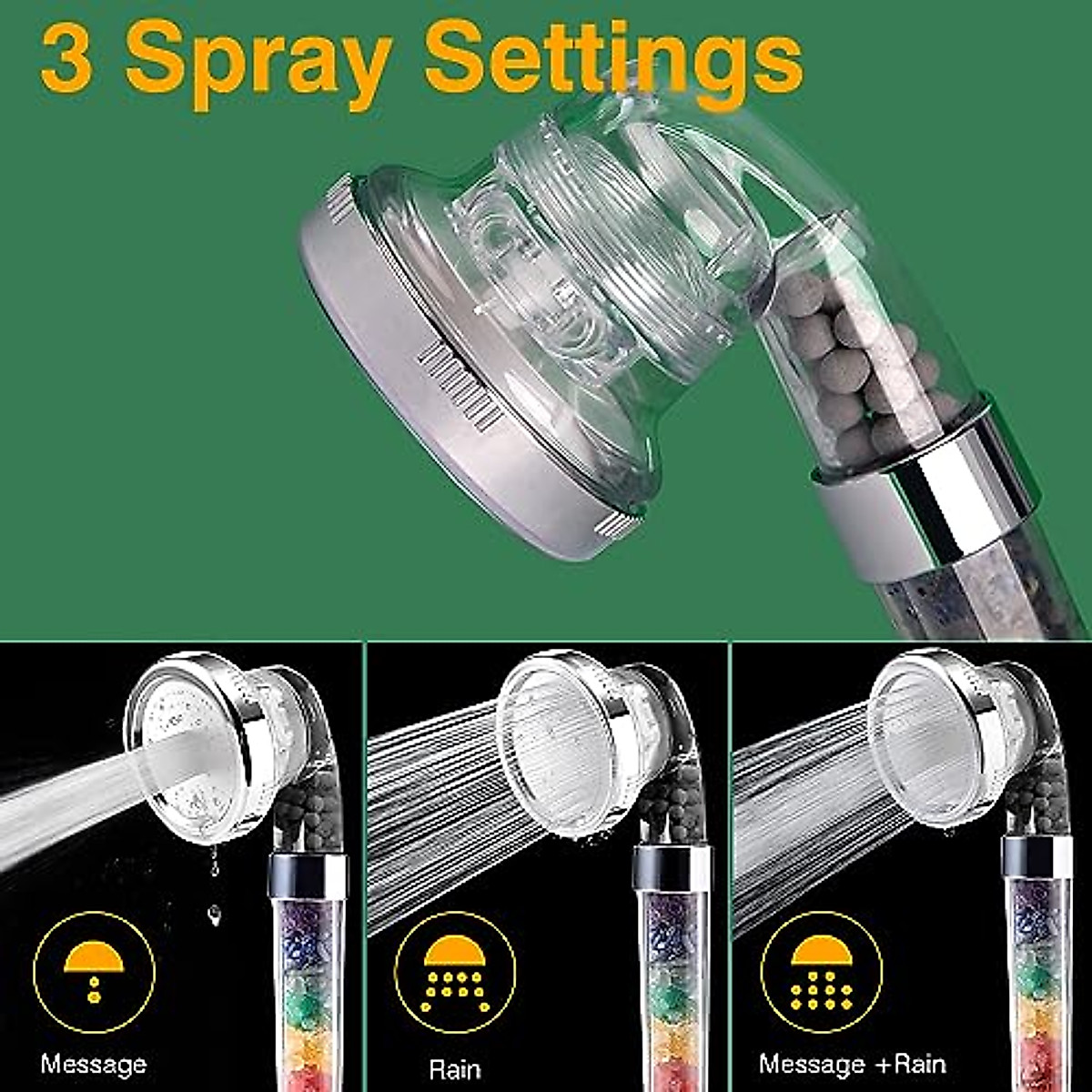 Filtered Shower Head, 3 Settings Shower Heads with Handheld Spray, High Pressure Shower Head with Hose 79" Extra Long Shower Hose & Holder, Purifying Filtration 7 Natural Crystalya Stone Beads