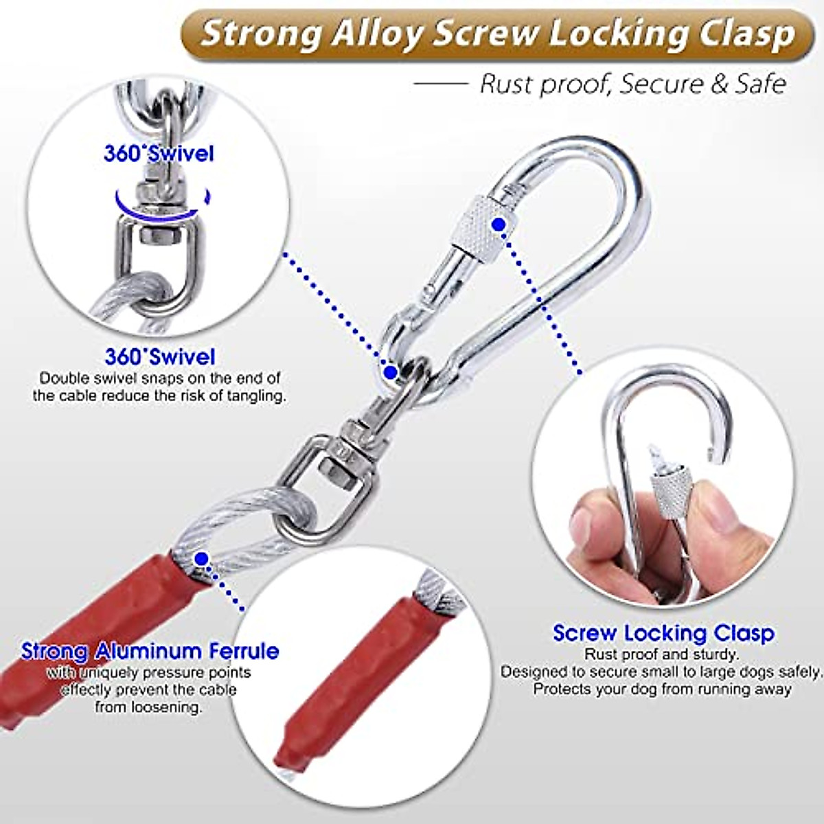 Dog Tie Out Cable for Dogs Outside Up to 125/250lbs,10/20/30/50FT Long Dog Leashe&Chains,Small-Large Dogs Runner Cable for Yard,Heavy Duty Dog Lead Line for Outdoor,Camping,Yard(250lbs 10FT, Silver)