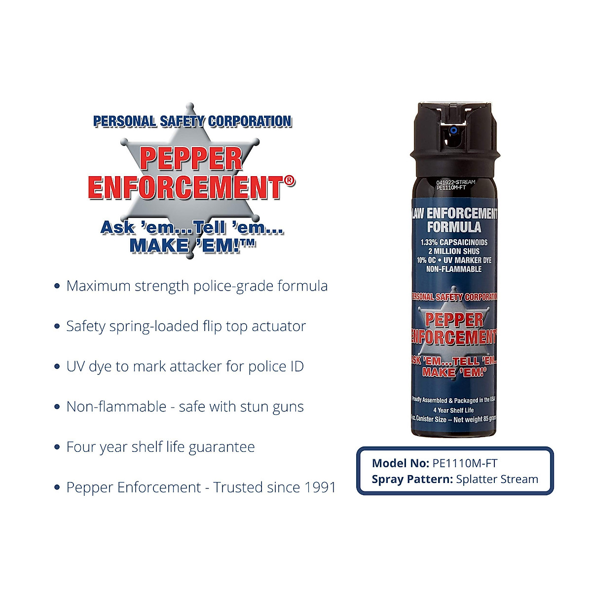 Pepper Enforcement 4 oz. Splatter Stream Pepper Spray for Self Defense 4 Pack - Maximum Strength 10% OC Formula, Flip Top Safety Tactical Design, Personal Protection Devices