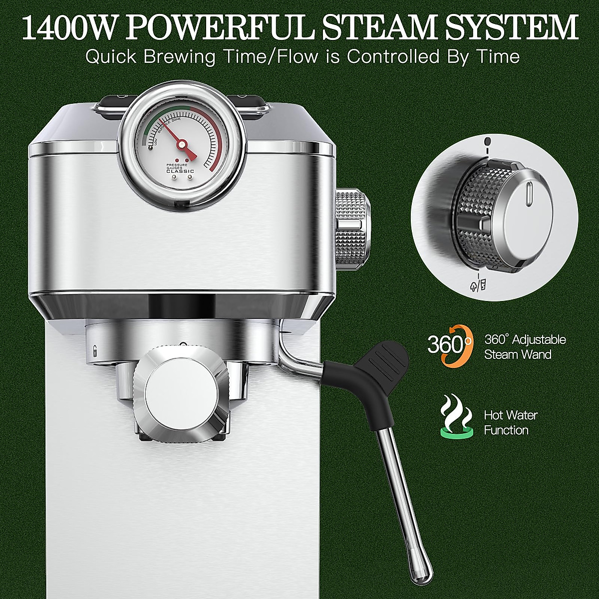 MR MIRYE Espresso Machine, 20 Bar Stainless Steel Espresso Maker Silver Coffee Machine for Home or Office With Removable Water Tank, Measuring Spoon, Brewing Filter, Milk Cup, Milk Frother Steam Wand