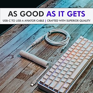 Tilted Nation Coiled USB C Cable for Mechanical Keyboard - Flexible but Tough - Detachable Aviator Coiled Keyboard Cable USB C - (5ft to 5.7ft Length) USB-A to USB-C Keyboard Coiled Cable - White