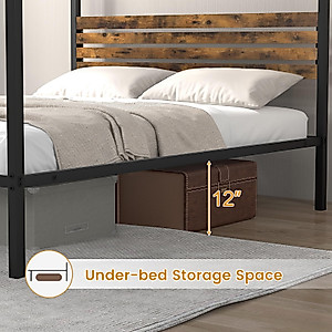 Giantex Metal Canopy Bed Frame Queen Size, 4-Poster Platform Bed with Industrial Headboard and Under Bed Storage, Heavy-Duty Mattress Foundation No Box Spring Needed, Easy Assembly, Black