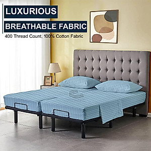 5 Piece Split California King Sheets Sets for Adjustable beds- 400 TC 100% Cotton(Light Blue Stripe)
