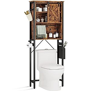 Itaar Over The Toilet Storage Cabinet, Farmhouse Over Toilet Bathroom Organizer, 4-Tier Bathroom Shelves Over Toilet, Over Toilet Storage with Storage Bag and Hooks, Rustic Brown