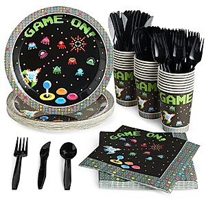 Juvale 144-Piece Retro Video Game Party Supplies - Includes Plates, Napkins, Cups, and Cutlery for Arcade Birthday Party Decorations (Serves 24)
