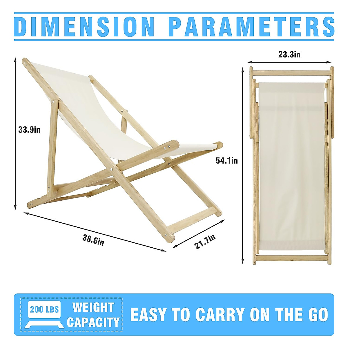 PetsCosset Wooden Patio Lawn Deck Chairs 2 Set Outdoor Camping Sling Chairs,Beach Sling Chair Set - Durable Acacia Wood and Triple-Layer Polyester Canvas, Adjustable and Portable（Natural Wood）