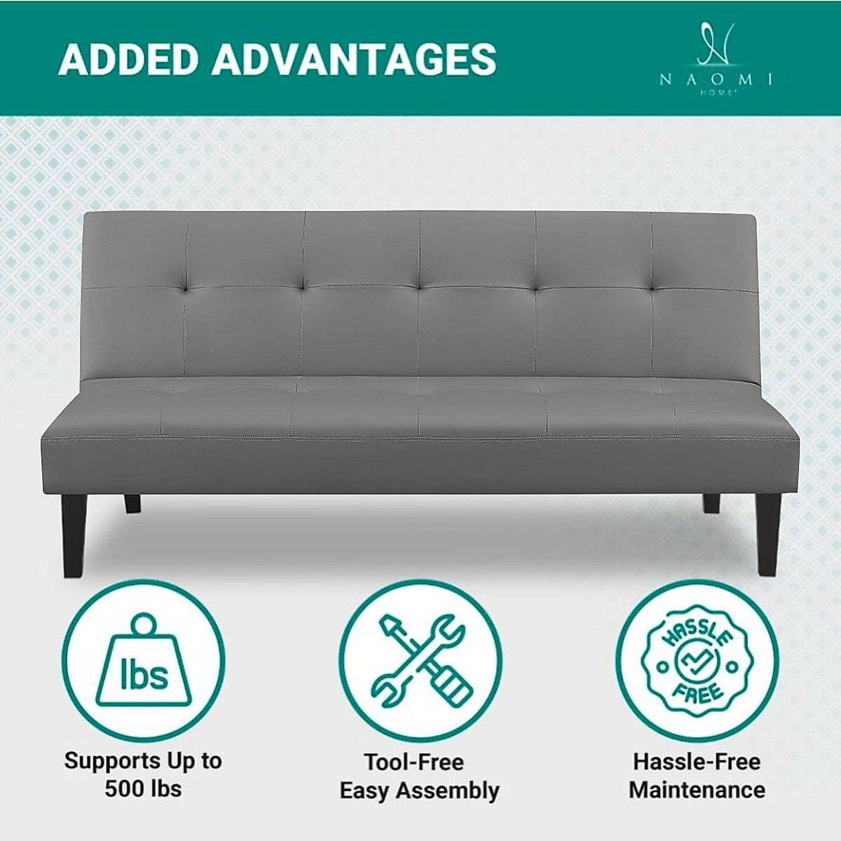 Naomi Home Gray Faux Leather Futon Sofa Bed, Modern Convertible Sofa with Wooden Legs, Reclining Small Couch Bed, Durable and Sturdy, 66'D x 32'W x 31'H