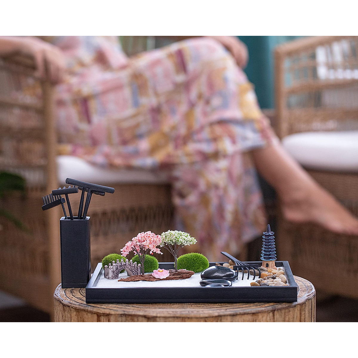 Zen Garden for Desk – 21pc. Japanese Zen Sand Garden Kit for Home, Office Desktop, Beautiful Gift, Therapy, Meditation Mini Decor Set– 11x8in. Large Sand Tray, Rocks, Black Rake Tools & Accessories