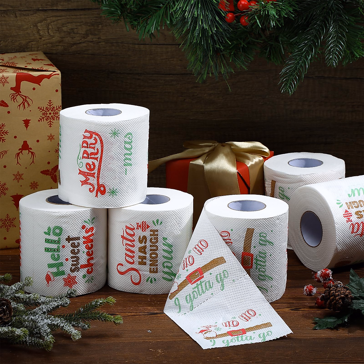 Cholemy 8 Rolls Merry Christmas Toilet Paper Funny Santa Claus Toilet Paper Fun Gag Gifts Christmas Stocking Stuffers for Xmas Party, White Elephant, Bathroom Decor, 3 Ply 4 Style