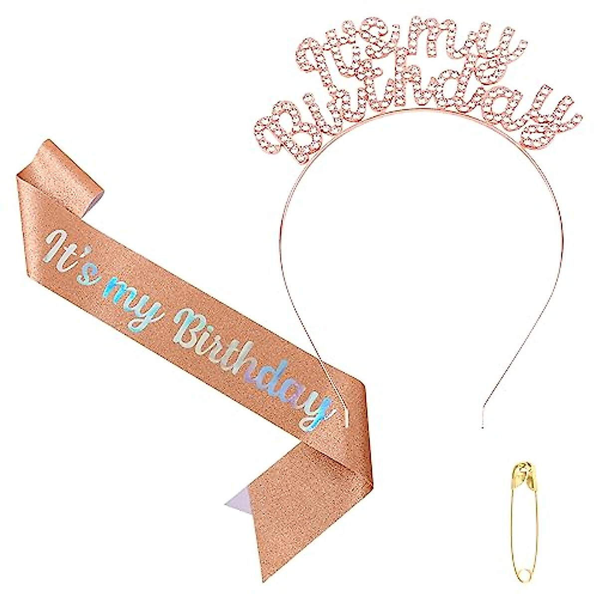 BAHABY Birthday Crowns for Women, It's My Birthday Sash & Birthday Headband Set Princess Birthday Sash and Rhinestone Tiara Birthday Gifts for Women Girls Sweet Happy Birthday Accessories for Party- Rose Gold