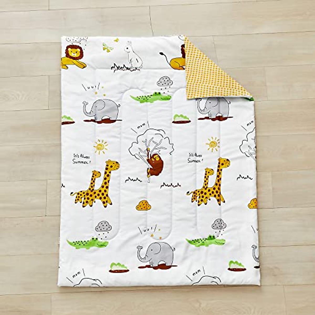 Flysheep 4 Piece White Toddler Bedding Set for Baby Girls and Boys, Cute Animals Printed - Includes Quilted Comforter, Flat Sheet, Fitted Sheet & Pillow Case, Soft Microfiber