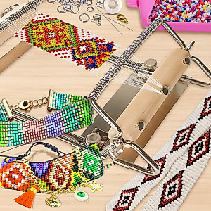 hobbyworker The Second Generation Adjustable Bead Loom Kit with Seed Beads,Large Eye Curved Beading Needle,Bead Funnel Tray,Lobster Clasp,Open Ring and Bead Mat for Jewelry Making kit