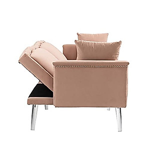 FULife 65" Mid Century Modern Velvet Upholstered Futon Sofa Split Back Loveseat Convertible Sleeper Couch Bed Daybed,Folding Recliner with Armrest&2 Pillows for Living Room/Compact Space, Pink