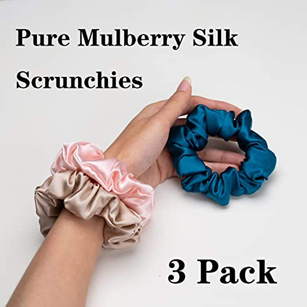 Silk Scrunchies for Hair 100% Mulberry Silk Hair Ties 3 Pack(Pink, Peacock Blue, Apricot)