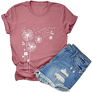 Dandelion Shirt Women Faith Graphic Shirts Make A Wish Vintage Tee Wildflower Short Sleeve Tops（Pink, X- Large