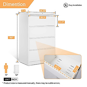 Aobabo 4 Drawer Lateral Steel File Organizing Cabinet with Locking System and Adjustable Hanging Bars for Letter/Legal Size Paper, White
