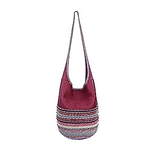 The Sak Back To Bali 120 Hobo Bag in Leather & Hand-Crochet, Large Shoulder Purse, Crimson Seminyak