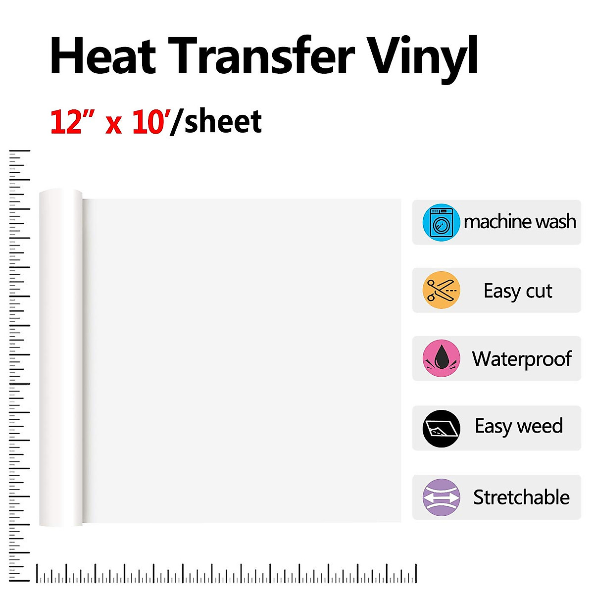 RENLITONG White HTV Iron on Vinyl 12Inch by 10ft Roll HTV Heat Transfer Vinyl for T-Shirt HTV Vinyl Rolls for All Cutter Machine - Easy to Cut & Weed for Heat Vinyl Design