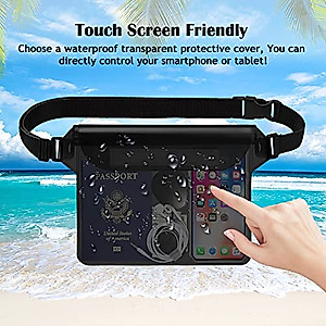 Hatisan Waterproof Pouch with Waist Strap, Waterproof Fanny Pack Keep Phone Valuables Safe and Dry Beach Accessories for Vacation Boating Swimming Snorkeling Kayaking Pool(2 Pack,Black)