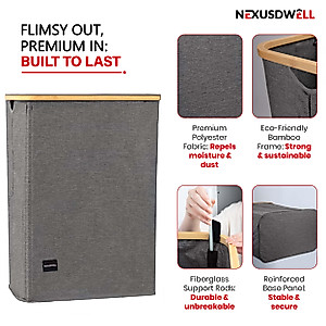 Nexusdwell 150L Large Laundry Hamper 2 Section with Removable Bags & Bamboo Handles- Sturdy Double laundry Basket with Lid and Divider- Grey Dual Laundry Hampers for Bedroom-Double Hamper