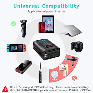 300W Power Inverter DC 12V to AC 120V Car Power Converter Adapter with 2x2.4A USB Ports and LED Display Dual AC Outlets【3YRS Warranty】 Black