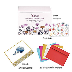 Racrico 50 Blank Note Cards and Envelopes,10 Gold Foil Designs Floral Blank Cards With Color Envelopes And Stickers, 4x6 Blank Note Greeting Cards Sets In Sturdy Bulk Box.