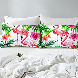 Pink Flamingo Bedding Set Palm Leaves Printed Decor Duvet Cover Full Size Tropical Green Plants Floral Pattern Natural Theme Soft Comforter Cover with Zipper Ties,1 Duvet Cover with 2 Pillow Cases