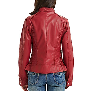 Bellivera Womens Faux Leather Jacket Moto Long Sleeves Coat 36 Red XL
