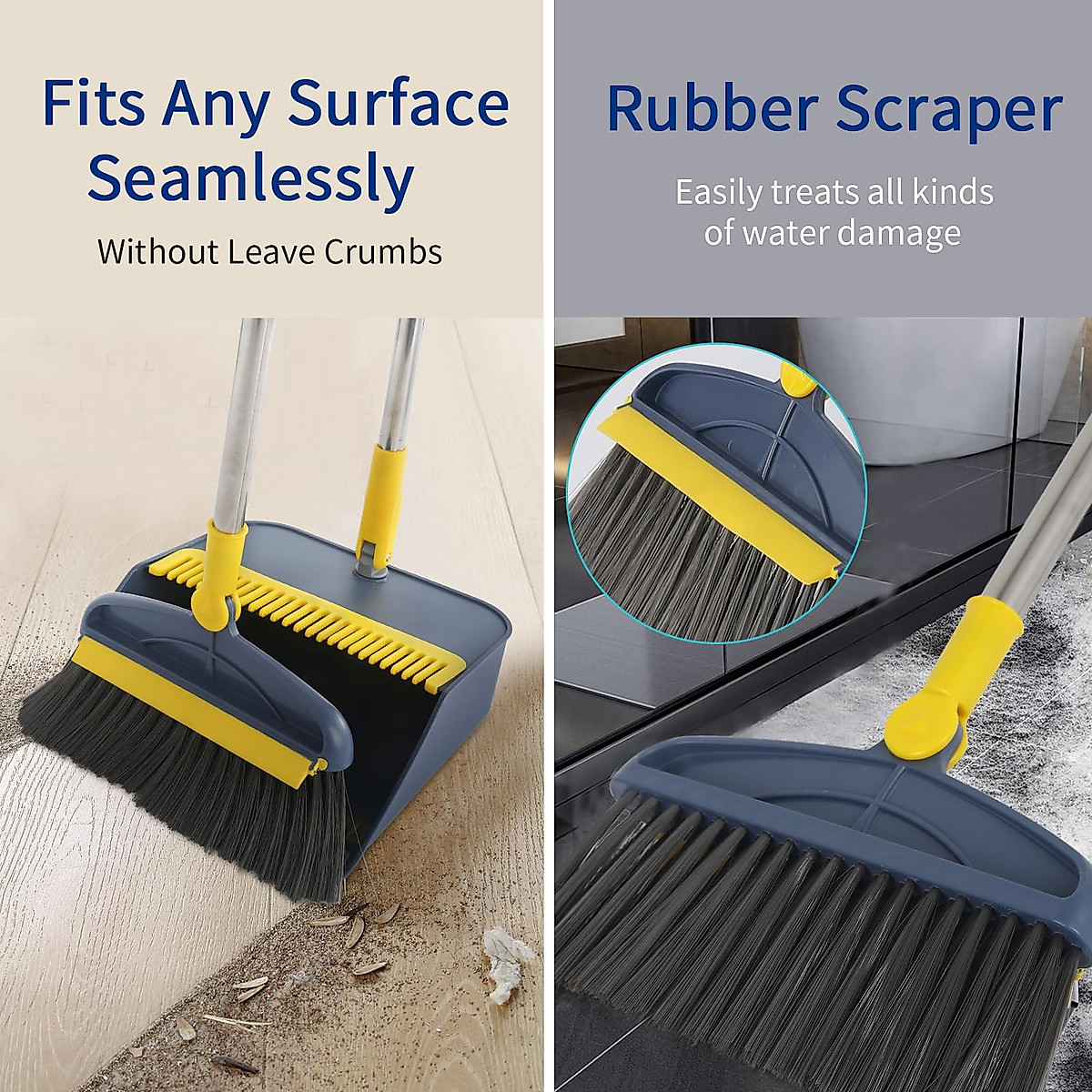 Broom and Dustpan Set,2 in 1 Broom Brush with Dustpan Combo Set, Upright 180°Rotating Broom with Long Handle and Lightwight Dust Pans for Home Kitchen Room Office Lobby Floor Cleaning，Blue