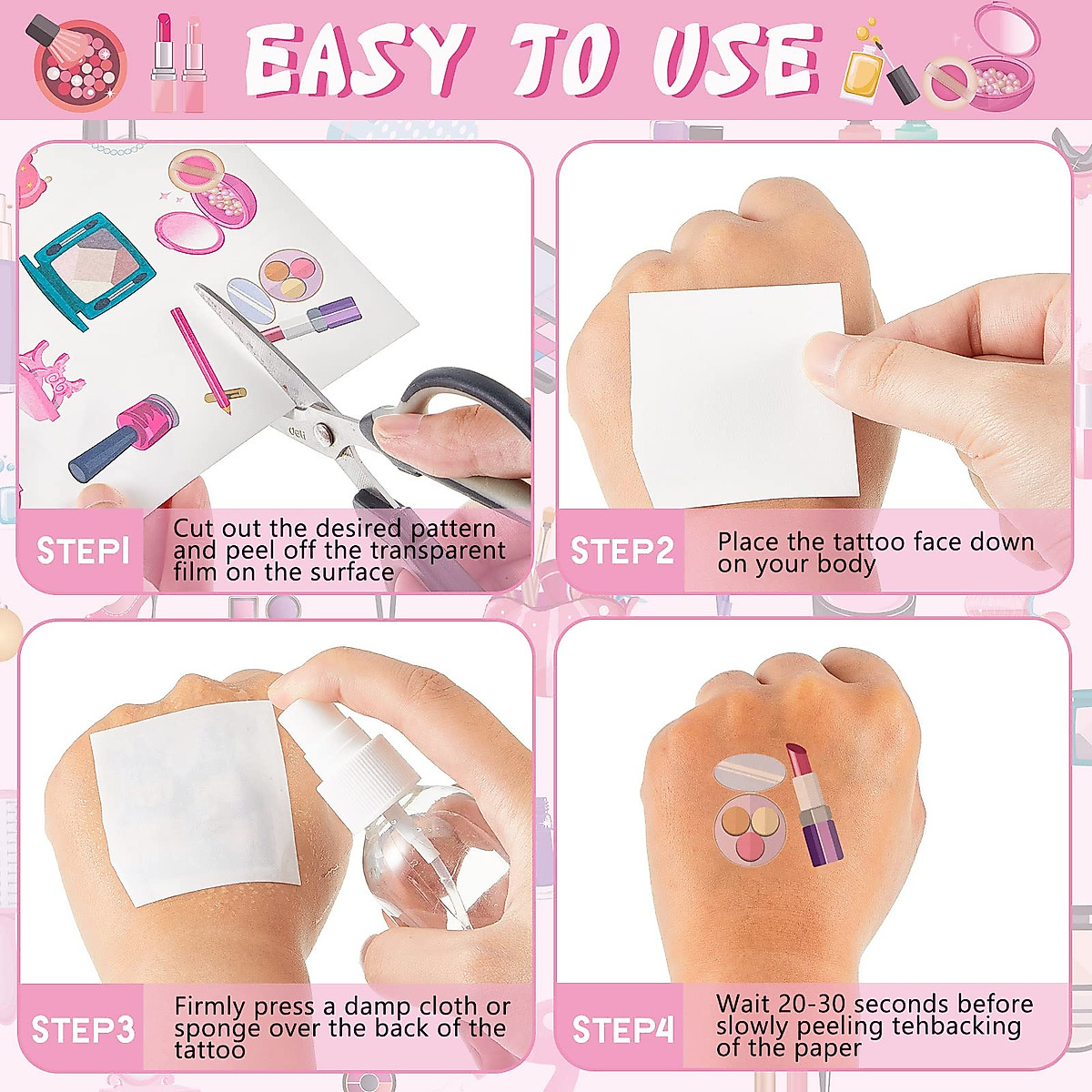 288 Pcs Spa Temporary Tattoos for Girls Pink Makeup Party Favors Spa Birthday Party Supplies Cute Fake Waterproof Tattoo Stickers Salon Party Decorations, 18 Sheets