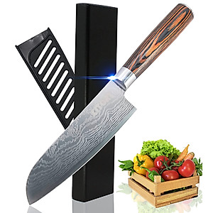 Santoku Knife, 5 Inch Professional Kitchen Chef Knife with Sheath, German High Carbon Stainless Steel Ultra Sharp Knife, Chef Knives with Ergonomic Handle and Gift Box