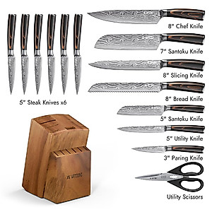 Yatoshi 15 Piece Knife Block Set - Pro Kitchen Knife Set Ultra Sharp High Carbon Stainless Steel with Ergonomic Handle