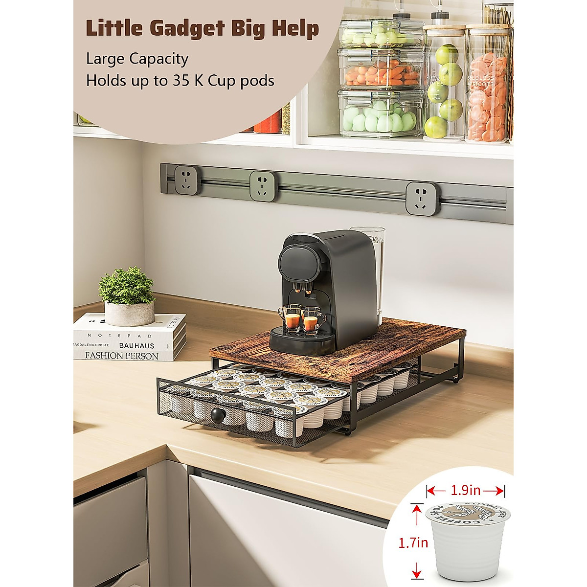 K Cup Organizer, Coffee Pod Holder Drawer, Under Brewer Storage Organizer with Sliding Drawer holds up to 35 K-Cup Pods, No Assembly Needed, Rustic Brown