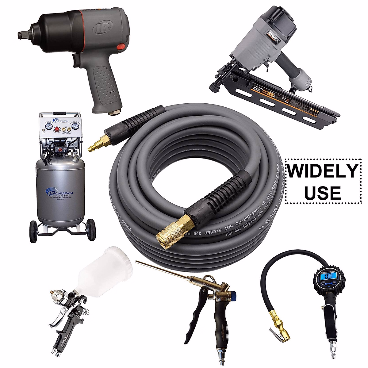 YOTOO Hybrid Air Hose 3/8-Inch by 25-Feet 300 PSI Heavy Duty, Lightweight, Kink Resistant, All-Weather Flexibility with 1/4-Inch Industrial Quick Coupler Fittings, Bend Restrictors, Gray