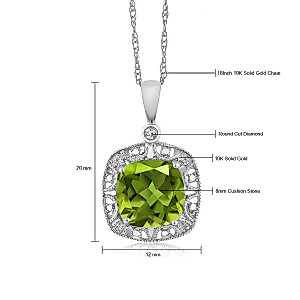 Gem Stone King 10K White Gold Cushion Green Peridot and Diamond Accent Pendant Necklace For Women (2.45 Cttw, Gemstone Birthstone, 8MM Center)