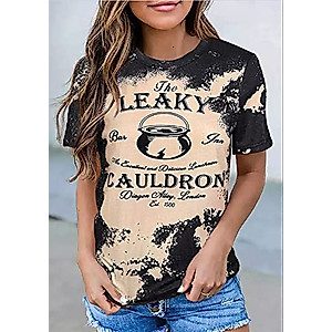 Halloween The Leaky Cauldron T-Shirt for Women Funny Halloween Graphic Bleached Tops Holiday Casual Fall Shirt Blouse Dark Grey