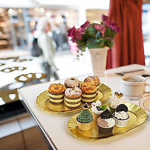 AVLA 6 Pack Plastic Serving Tray, Gold Serving Platter Set, Reusable Party Snack Serving Tray, Decorative Food Appetizer Platters for Dessert Table, Cupcake, Charcuterie, Cookies, 14" x 8.5"