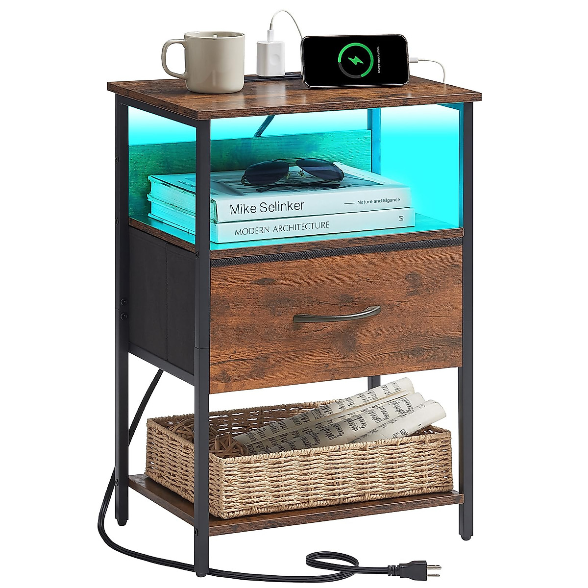 Somdot Nightstand with Charging Station and LED Light for Bedroom, Bedside Table End Table for Dorm Bedside Laundry Closet Entryway Hallway, Wood Grain Print